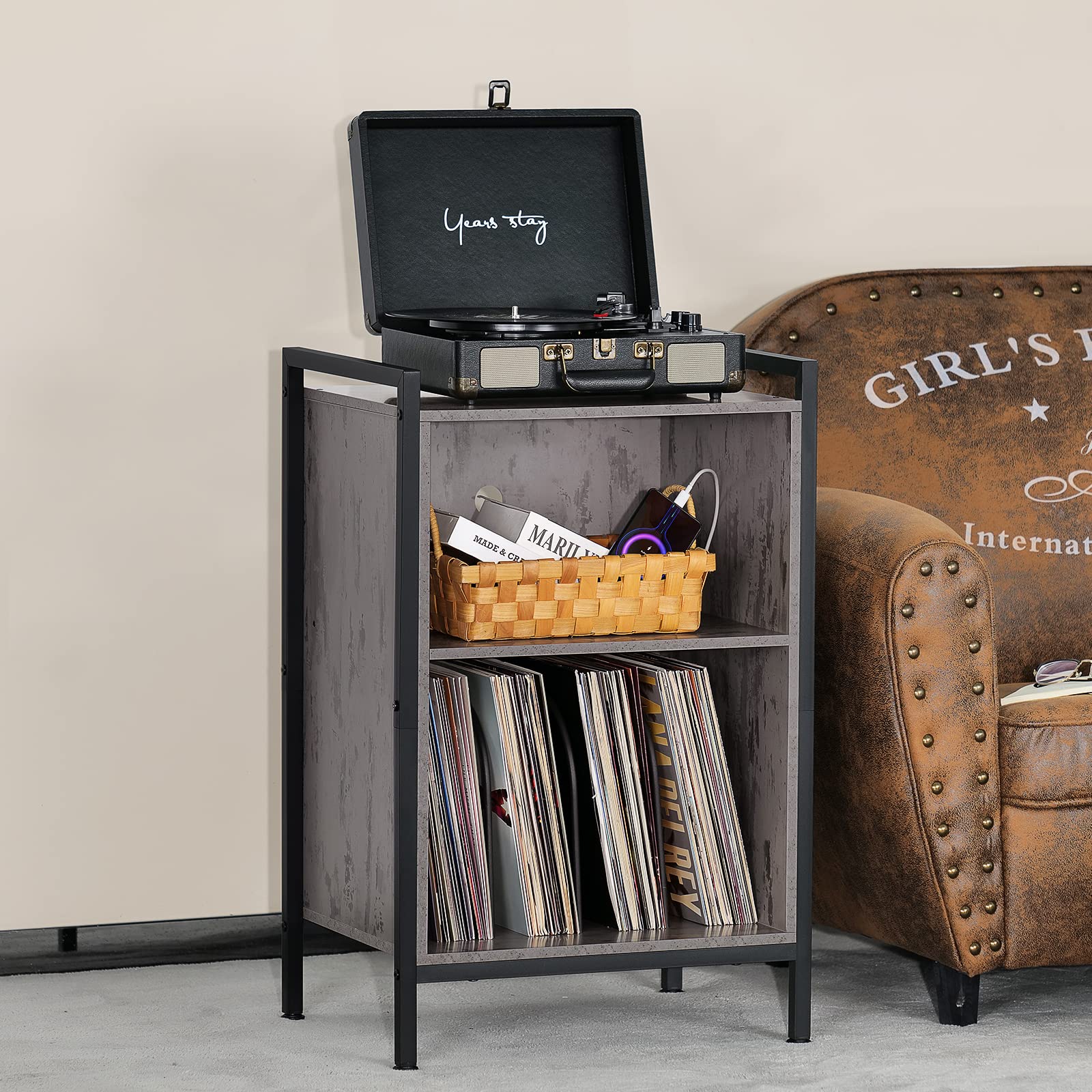 LELELINKY Turntable Stand, 3-Tier Record Player Stand, Vinyl Record Storage Cabinet with Metal Frame Holds Up to 180 Albums, Grey Record Table with Handle for Living Room, Bedroom, Office