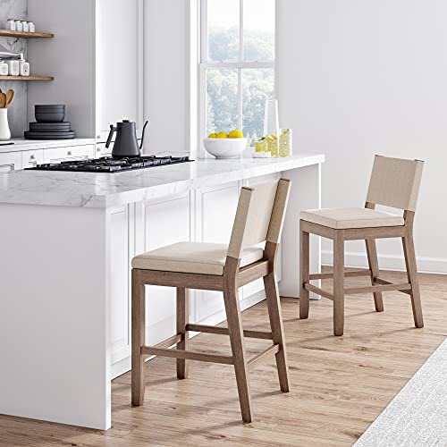 Linus Modern Upholstered Counter Height Bar Stool with Back and Solid Rubberwood Legs in a Wire-Brushed Grey Finish, Natural Flax/Brown