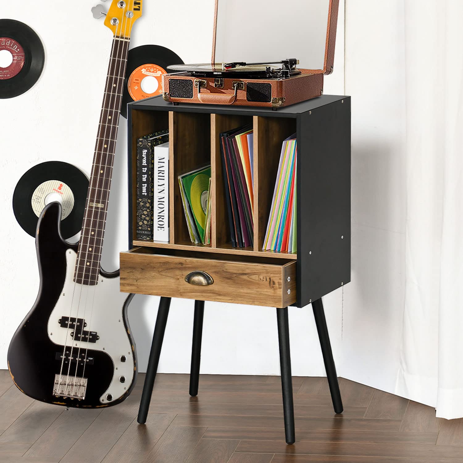 Record Player Stand, Turntable Stand with 4 Cabinet and Drawer, Mid-Century Modern Vinyl Record Storage Stand with Wood Legs, Vinyl Storage 140 LPs, Record Player Table for Living Room Bedroom