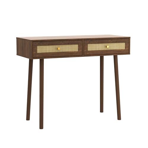 Loft & Luv Remy Boho Mid-Century Console Entryway Table with Natural Rattan with Storage Drawer and Open Shelf, Walnut Finish