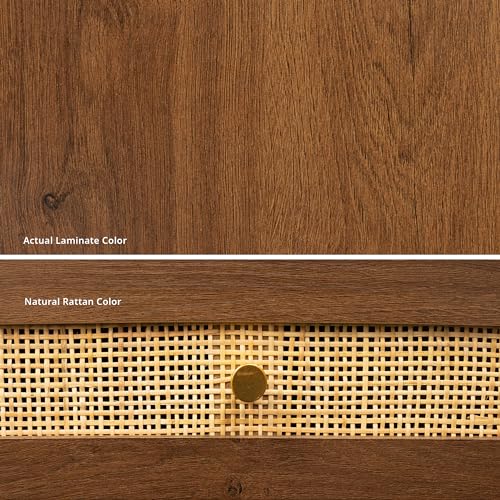 Loft & Luv Remy Boho Mid-Century Console Entryway Table with Natural Rattan with Storage Drawer and Open Shelf, Walnut Finish