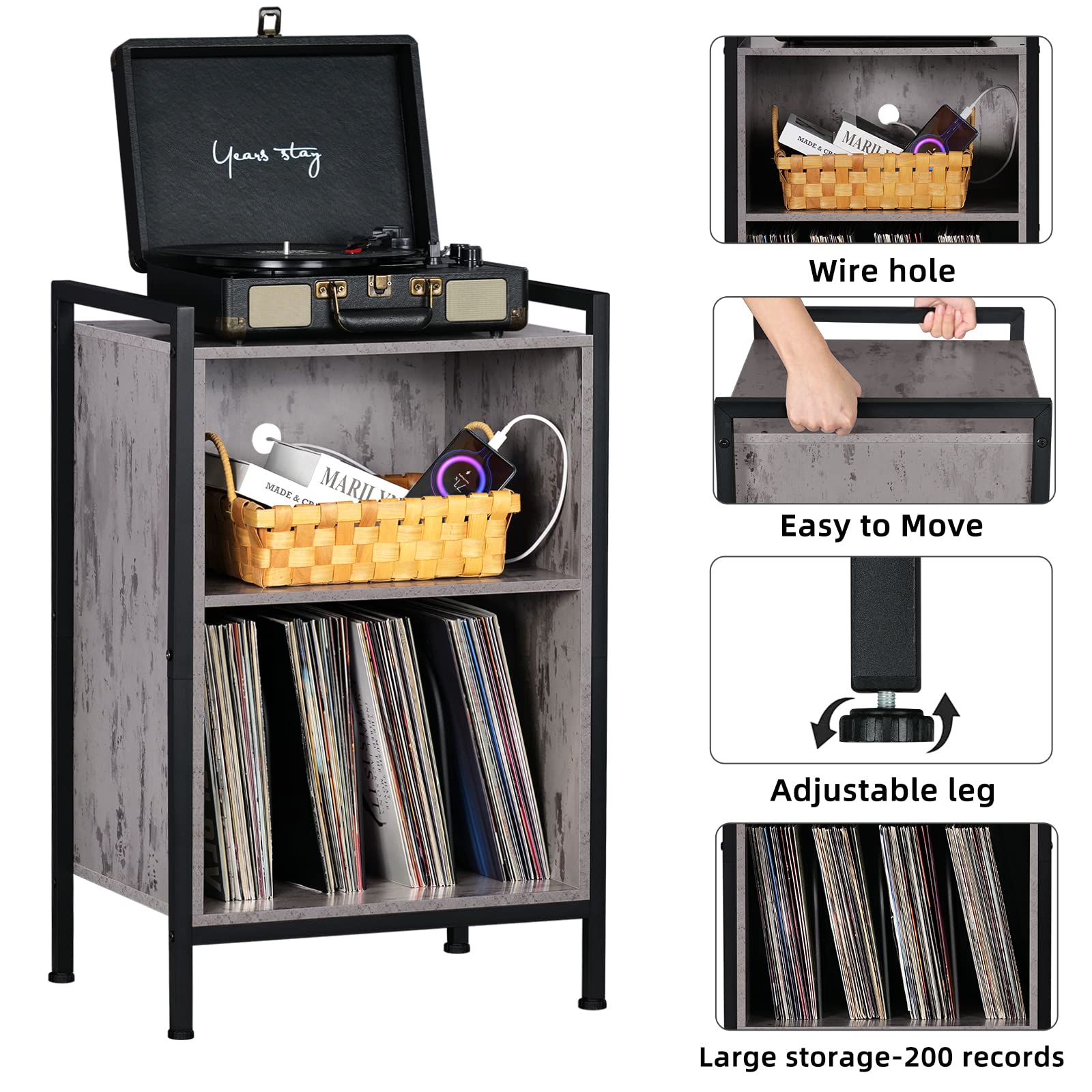 LELELINKY Turntable Stand, 3-Tier Record Player Stand, Vinyl Record Storage Cabinet with Metal Frame Holds Up to 180 Albums, Grey Record Table with Handle for Living Room, Bedroom, Office