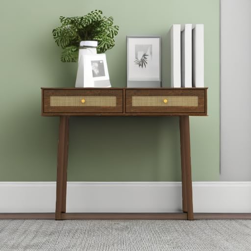 Loft & Luv Remy Boho Mid-Century Console Entryway Table with Natural Rattan with Storage Drawer and Open Shelf, Walnut Finish