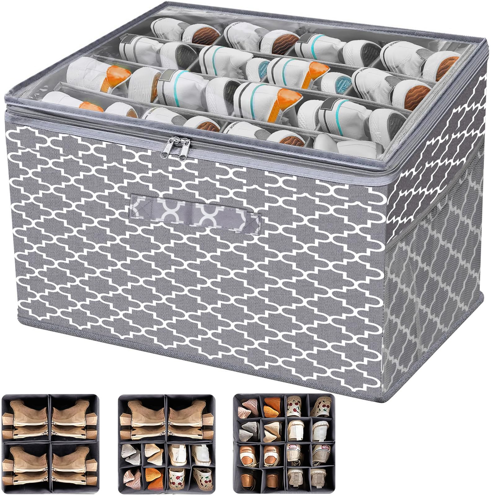 CARSHAM Shoe Organizer for Closet - Fits 4-16 Pairs, Large Foldable Shoe Box Storage Containers with Adjustable Dividers, Clear Cover & 2 Mesh Pockets, Shoe Bins for Sneakers High Heeled Boots