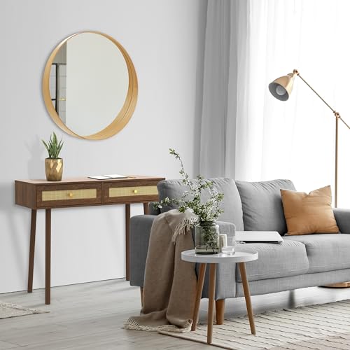 Loft & Luv Remy Boho Mid-Century Console Entryway Table with Natural Rattan with Storage Drawer and Open Shelf, Walnut Finish