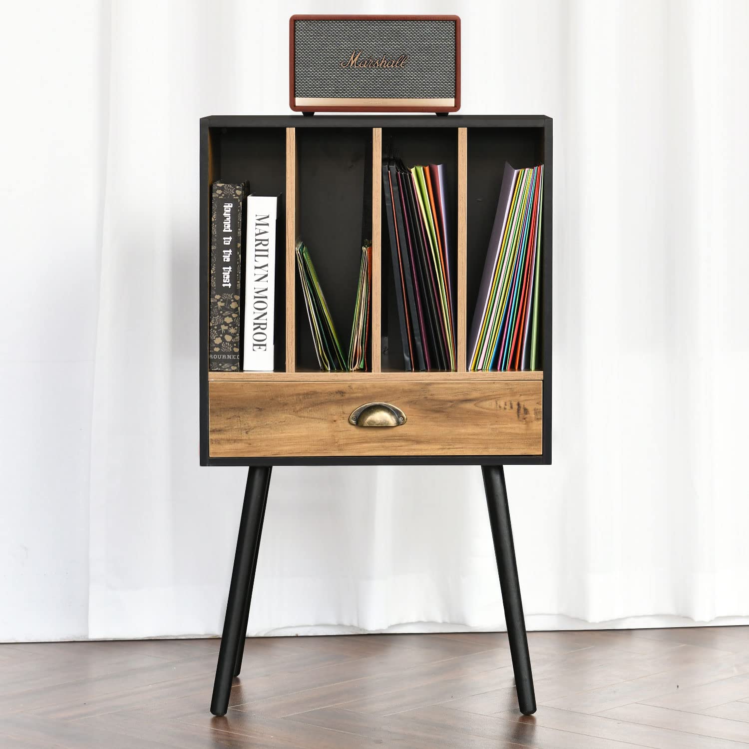 Record Player Stand, Turntable Stand with 4 Cabinet and Drawer, Mid-Century Modern Vinyl Record Storage Stand with Wood Legs, Vinyl Storage 140 LPs, Record Player Table for Living Room Bedroom