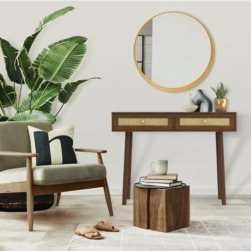 Loft & Luv Remy Boho Mid-Century Console Entryway Table with Natural Rattan with Storage Drawer and Open Shelf, Walnut Finish