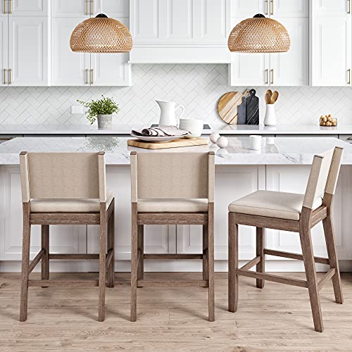 Linus Modern Upholstered Counter Height Bar Stool with Back and Solid Rubberwood Legs in a Wire-Brushed Grey Finish, Natural Flax/Brown