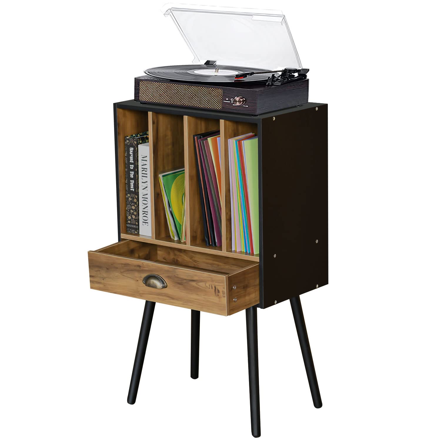 Record Player Stand, Turntable Stand with 4 Cabinet and Drawer, Mid-Century Modern Vinyl Record Storage Stand with Wood Legs, Vinyl Storage 140 LPs, Record Player Table for Living Room Bedroom