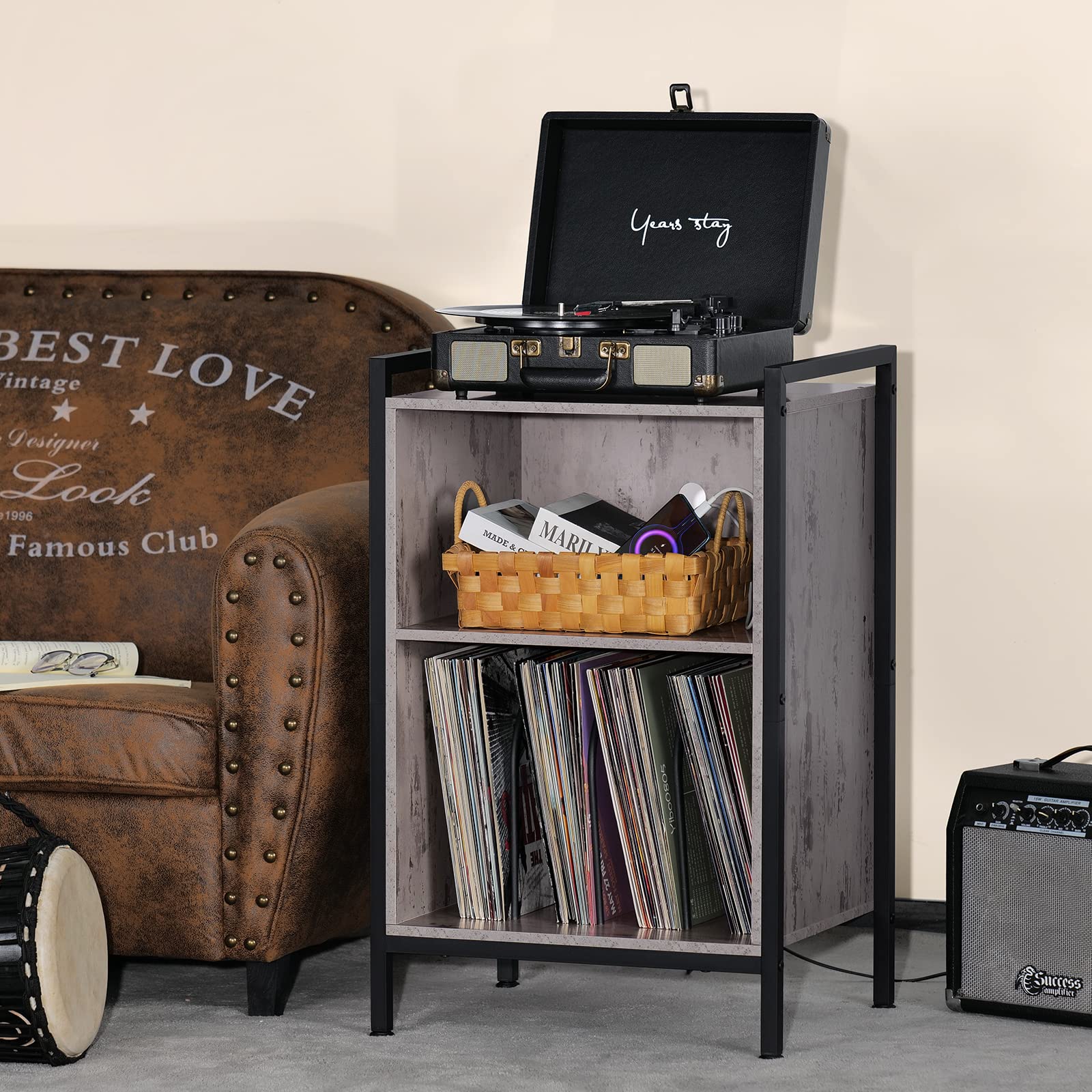 LELELINKY Turntable Stand, 3-Tier Record Player Stand, Vinyl Record Storage Cabinet with Metal Frame Holds Up to 180 Albums, Grey Record Table with Handle for Living Room, Bedroom, Office