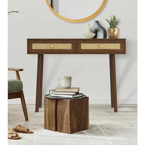 Loft & Luv Remy Boho Mid-Century Console Entryway Table with Natural Rattan with Storage Drawer and Open Shelf, Walnut Finish