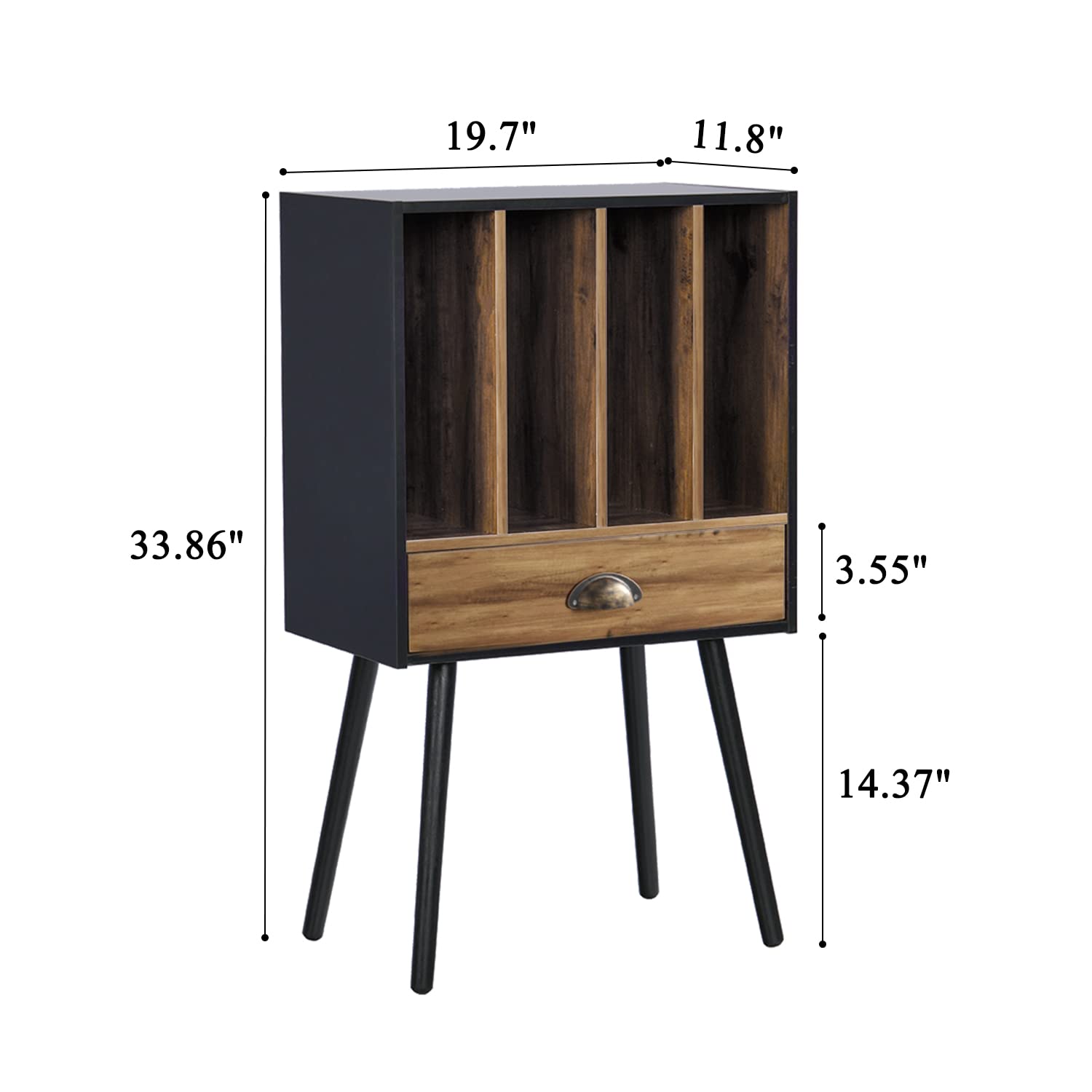 Record Player Stand, Turntable Stand with 4 Cabinet and Drawer, Mid-Century Modern Vinyl Record Storage Stand with Wood Legs, Vinyl Storage 140 LPs, Record Player Table for Living Room Bedroom