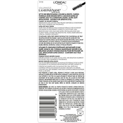 L'Oreal Paris Makeup Lash Paradise Mascara, Voluptuous Volume, Intense Length, Feathery Soft Full Lashes, No Flaking, No Smudging, No Clumping, Mystic Black, 0.25 Fl Oz (Pack of 1)