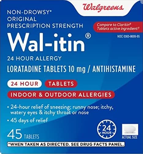 Walgreen wal-itin Non-drownsy 24 Hour Allergy Indoor and Outdoor Allergies 45 Tablets