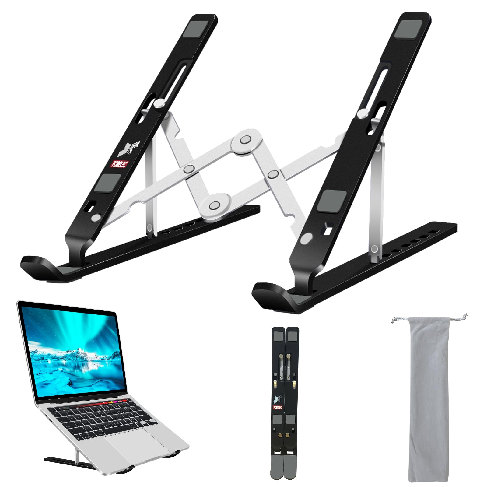 FOBELEC Laptop Stand, Adjustable Ergonomic Portable Aluminum Laptop Holder, Foldable Computer Stand 6 Angles Anti-Slip Laptop Riser Compatible with 9-16 inch Laptops
