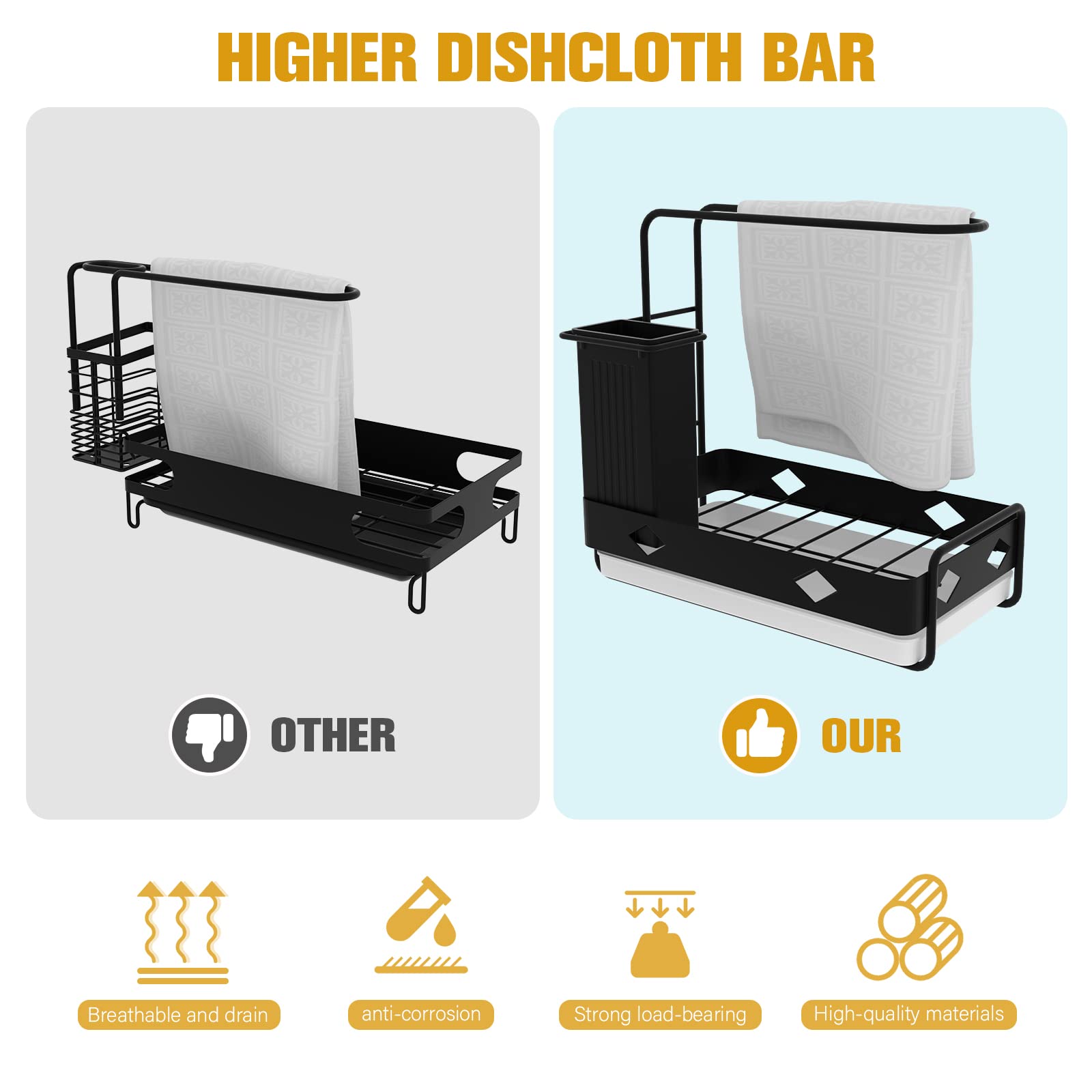 Purboah Kitchen Sink Caddy,Sink Organizer Large with Higher Towel Rack and Drain Tray,Sponge Soap and Brush Holder Rustproof