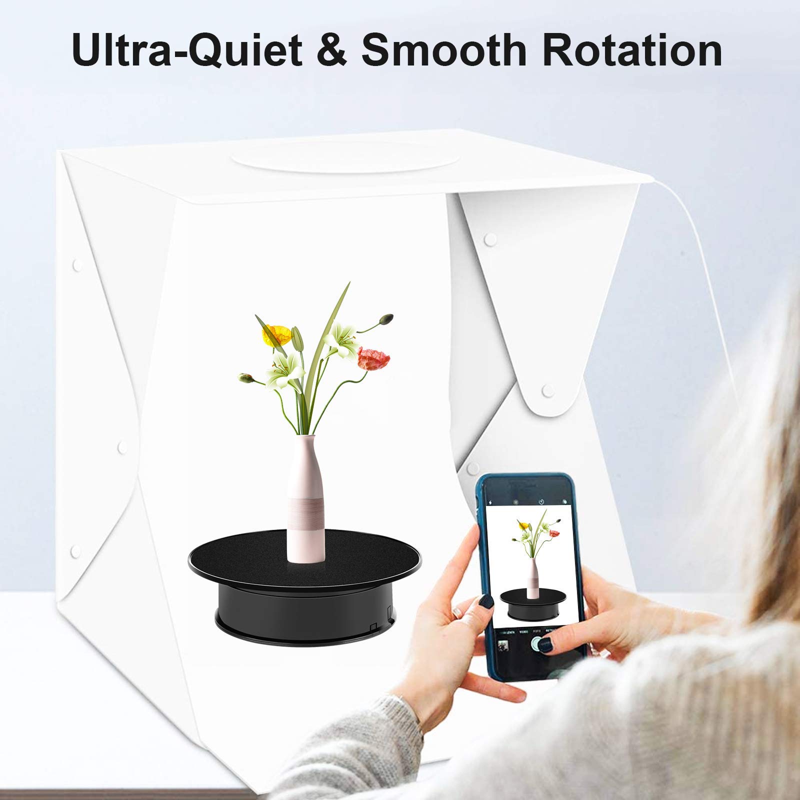 Inovat 8" Ultra-Quiet Motorized Rotating Display Stand for Video Photography Products Display, 360 Degree Black Velvet Rotating Turntable for Jewelry 3D Models (Battery Operated, 10LB LOAD)