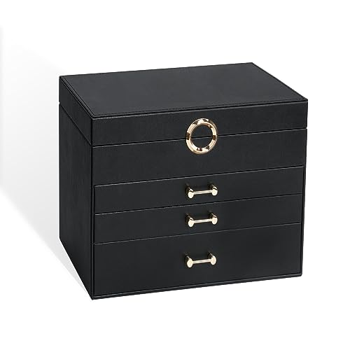 V-LAFUY Jewelry Organizer Box with Mirror, Large Jewelry Organizers and Storage, Jewelry Organizer for Rings Earrings Necklaces Glasses Bracelets Watches, Black Mirror