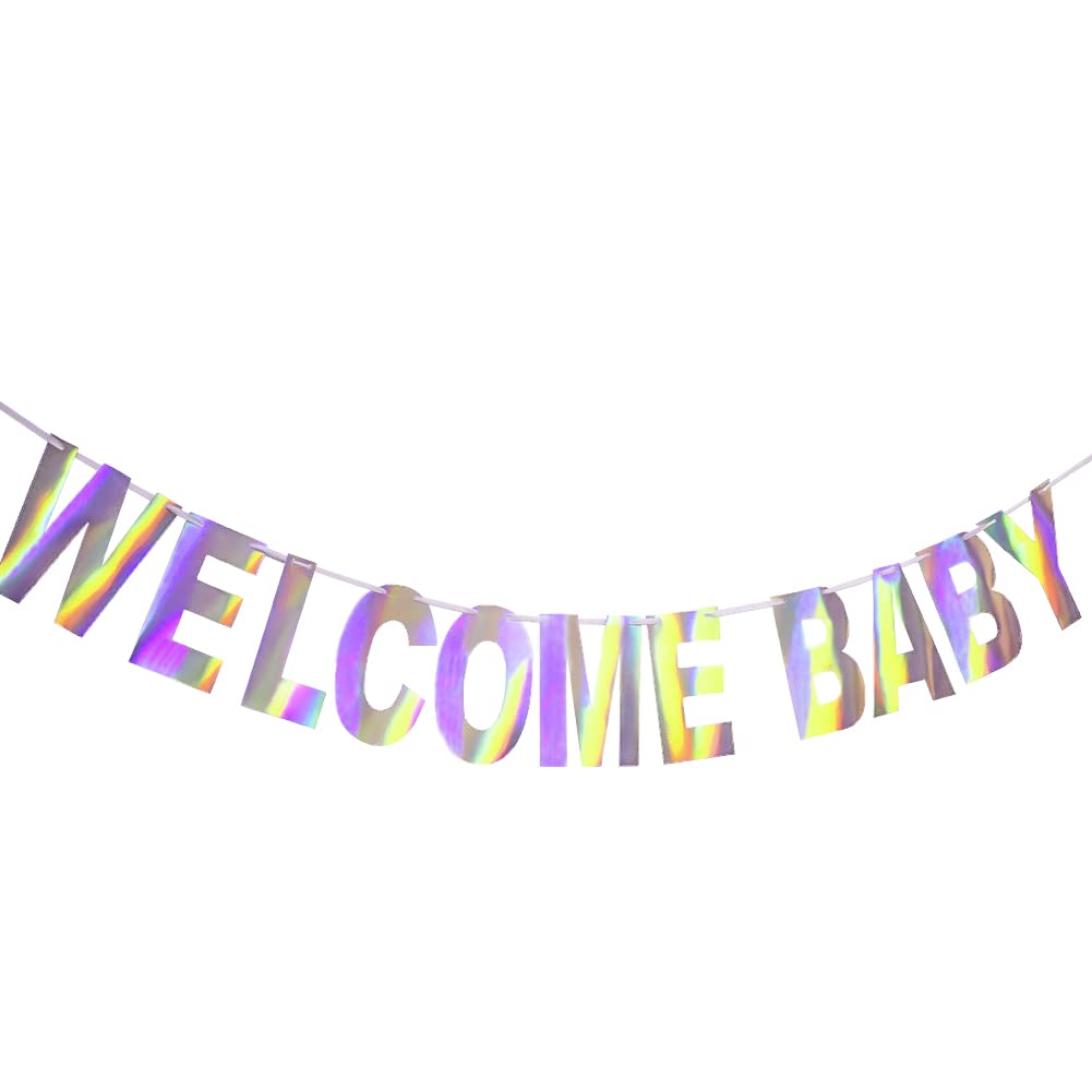 Blukey Holographic Welcome Baby Banner Hanging Bunting String Flag Iridescent White Baby Shower Decorations Banners and Signs