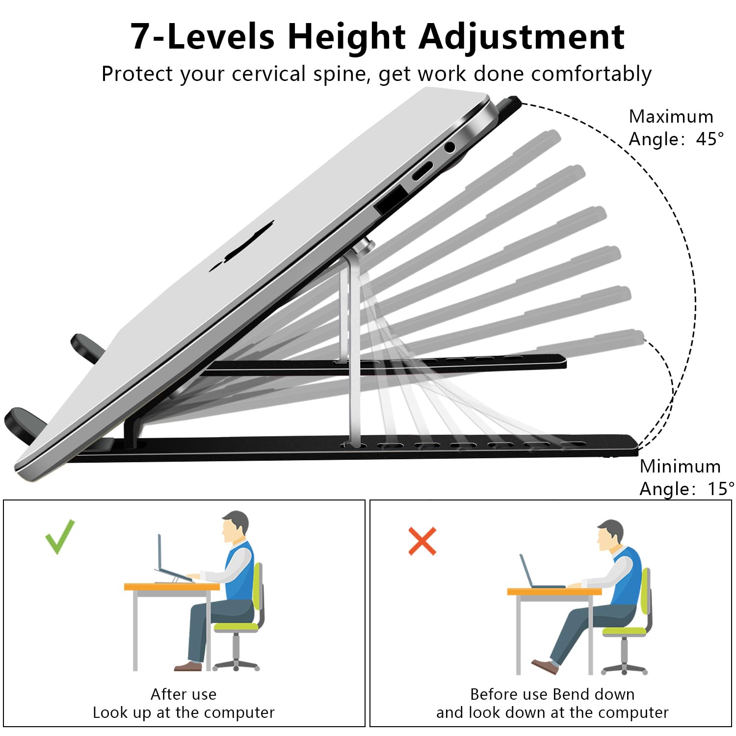 FOBELEC Laptop Stand, Adjustable Ergonomic Portable Aluminum Laptop Holder, Foldable Computer Stand 6 Angles Anti-Slip Laptop Riser Compatible with 9-16 inch Laptops