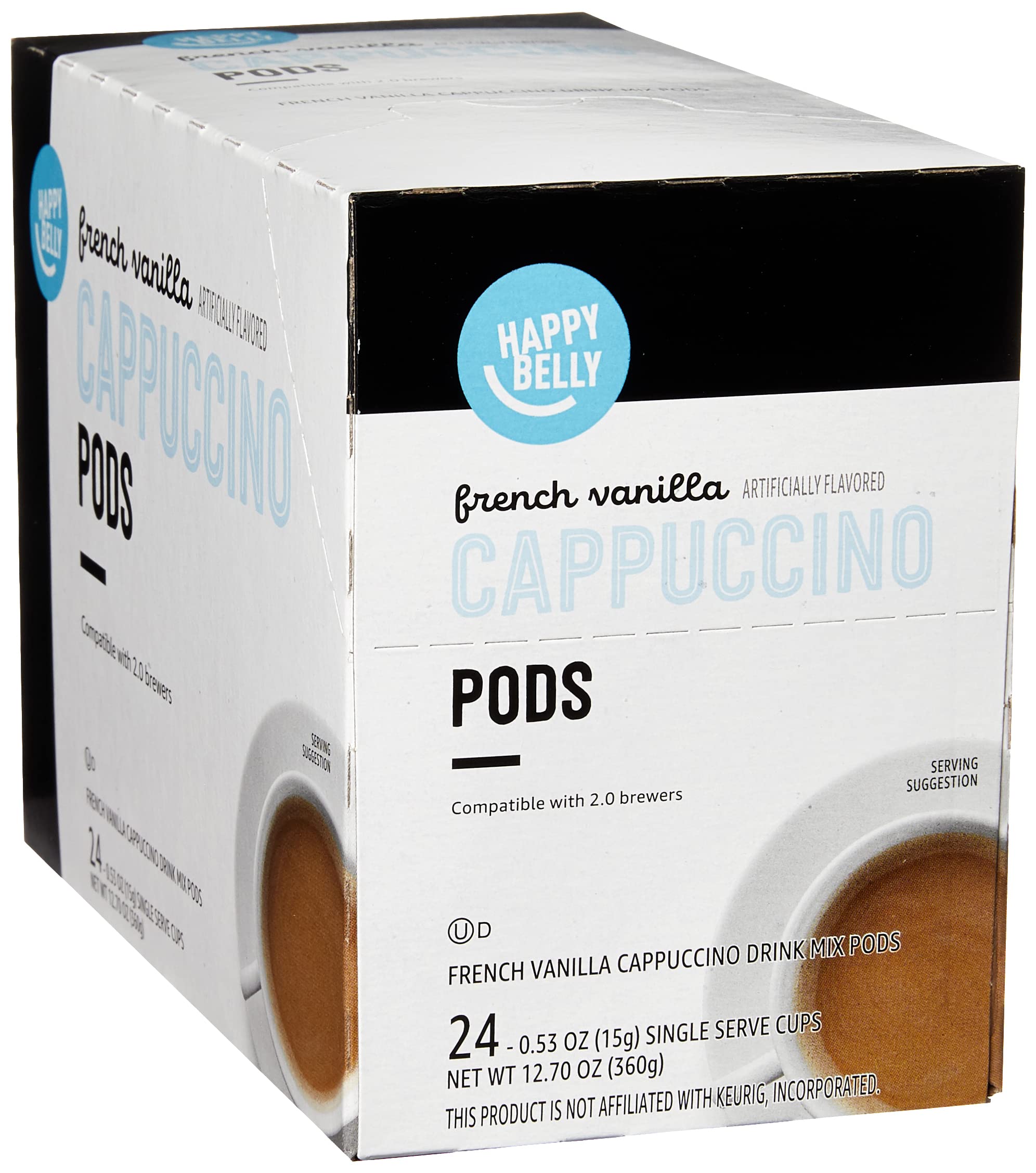 Amazon Brand - Happy Belly Cappuccino Coffee Pods Compatible with 2.0 K-Cup Brewers, French Vanilla Flavored, 24 Count
