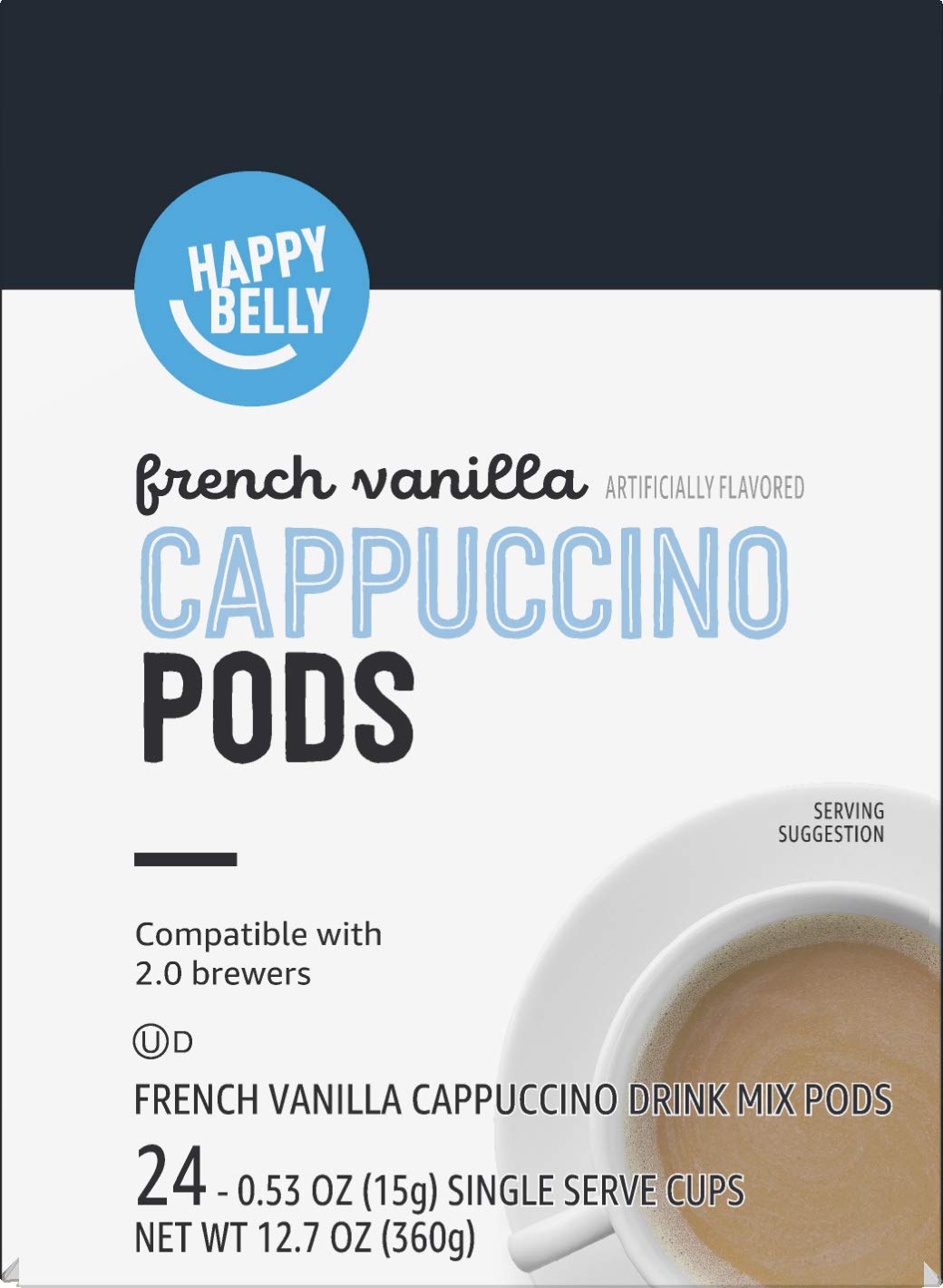 Amazon Brand - Happy Belly Cappuccino Coffee Pods Compatible with 2.0 K-Cup Brewers, French Vanilla Flavored, 24 Count