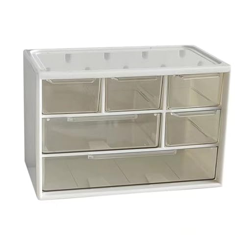 Clear Desktop Organizer Drawer Storage Box Visible with 6 Compartments for Cosmetics Stationary Hair Accessories Jewelry Heavy White A