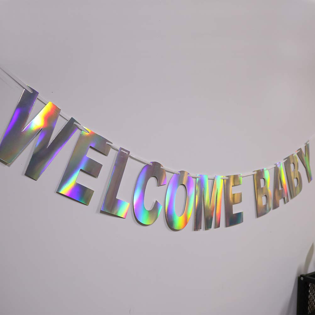 Blukey Holographic Welcome Baby Banner Hanging Bunting String Flag Iridescent White Baby Shower Decorations Banners and Signs