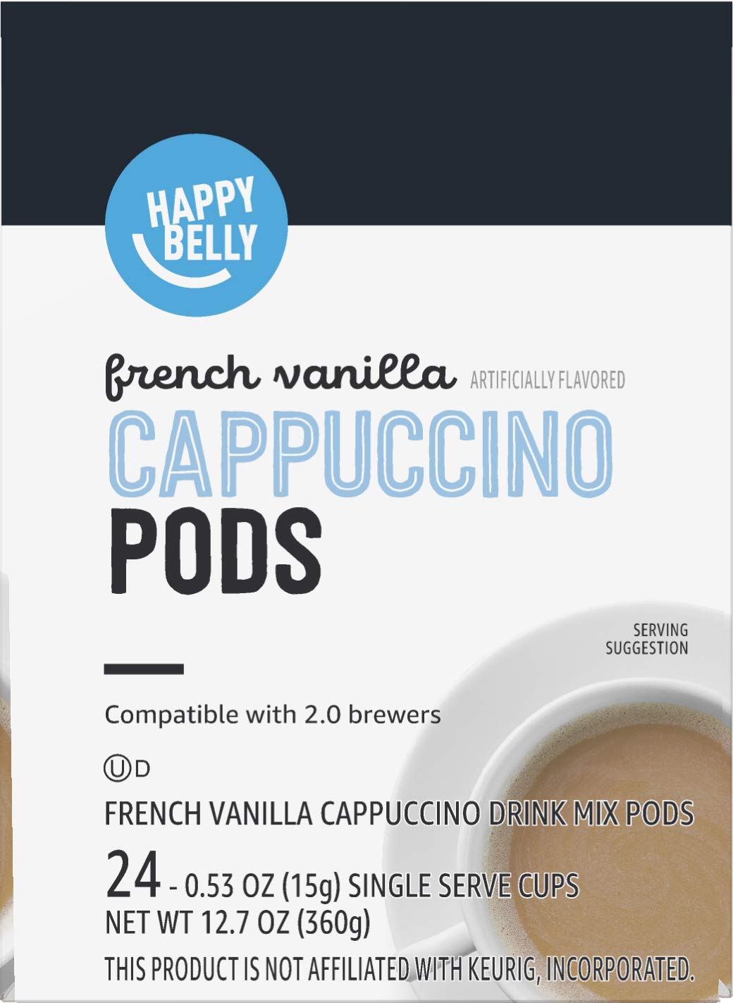 Amazon Brand - Happy Belly Cappuccino Coffee Pods Compatible with 2.0 K-Cup Brewers, French Vanilla Flavored, 24 Count
