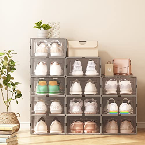 Fixwal XL-Large Shoe Storage Box, 12 Pack, Clear Plastic Organizers for Closet, Stackable, 13.2 x 10.1 x 6.42 Inch