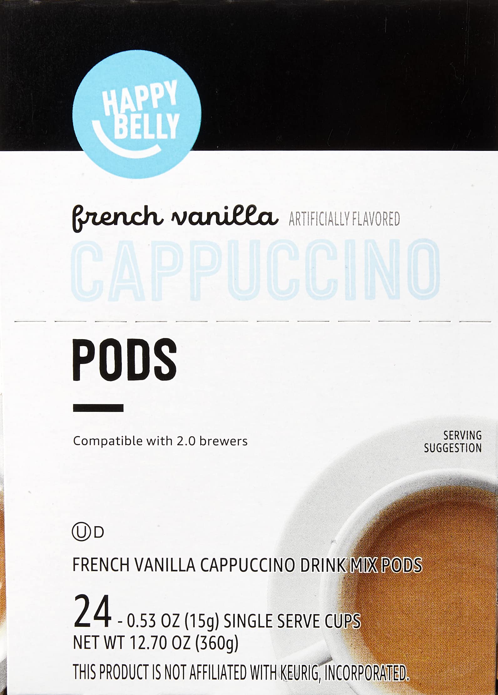 Amazon Brand - Happy Belly Cappuccino Coffee Pods Compatible with 2.0 K-Cup Brewers, French Vanilla Flavored, 24 Count