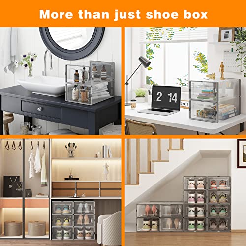 Fixwal XL-Large Shoe Storage Box, 12 Pack, Clear Plastic Organizers for Closet, Stackable, 13.2 x 10.1 x 6.42 Inch