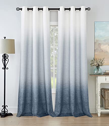 Central Park Ombre Window Curtain Panel Linen Gradient Print on Rayon Blend Fabric Drapery Treatments for Living Room/Bedroom, Cream White to Indigo Blue, 40" x 63", Set of 2