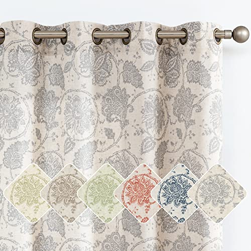 jinchan Floral Scroll Linen Curtains 84 inches Long Grey Window Curtains for Bedroom Grommet Light Filtering Farmhouse Drapes for Living Room Vintage Printed Window Treatments Set 2 Panels