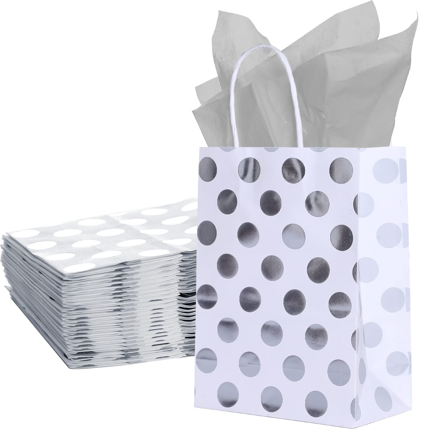 TIMBLESSING 24 pcs silver gold foil polka dots ,Bulk Kraft Party Gift Bags, 24 grey Sheets of Wrapping Paper, Small Size Gift Bag, (8.6x3.2x5.9 Inch)