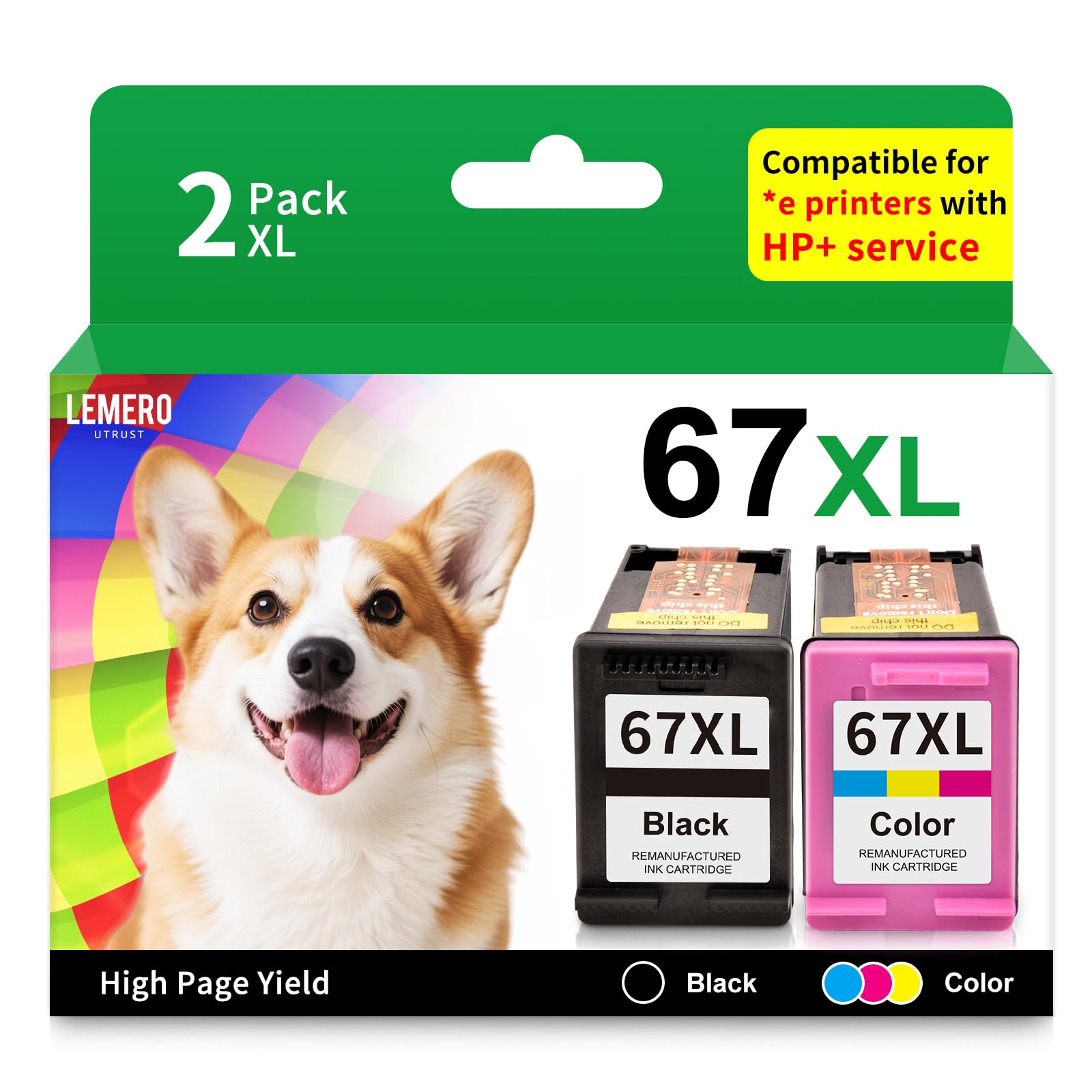 67XL LemeroUtrust Remanufactured Ink Cartridge Replacement for HP 67 XXL 67XL use with HP DeskJet 2755 2722 2724 2725 Plus 4155 4152 4140 Envy Pro 6455 6475 Envy 6055 6052 (Black Tri-Color, 2-Pack)