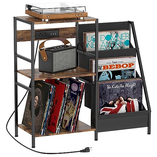 Record Player Stand Vinyl Record Storage Cabinet End Table with Charging Station 3 Tier Vinyl Record Stand with Storage Shelf Turntable Stand for Record, Vinyl Record Holder up to 200 Albums, Brown