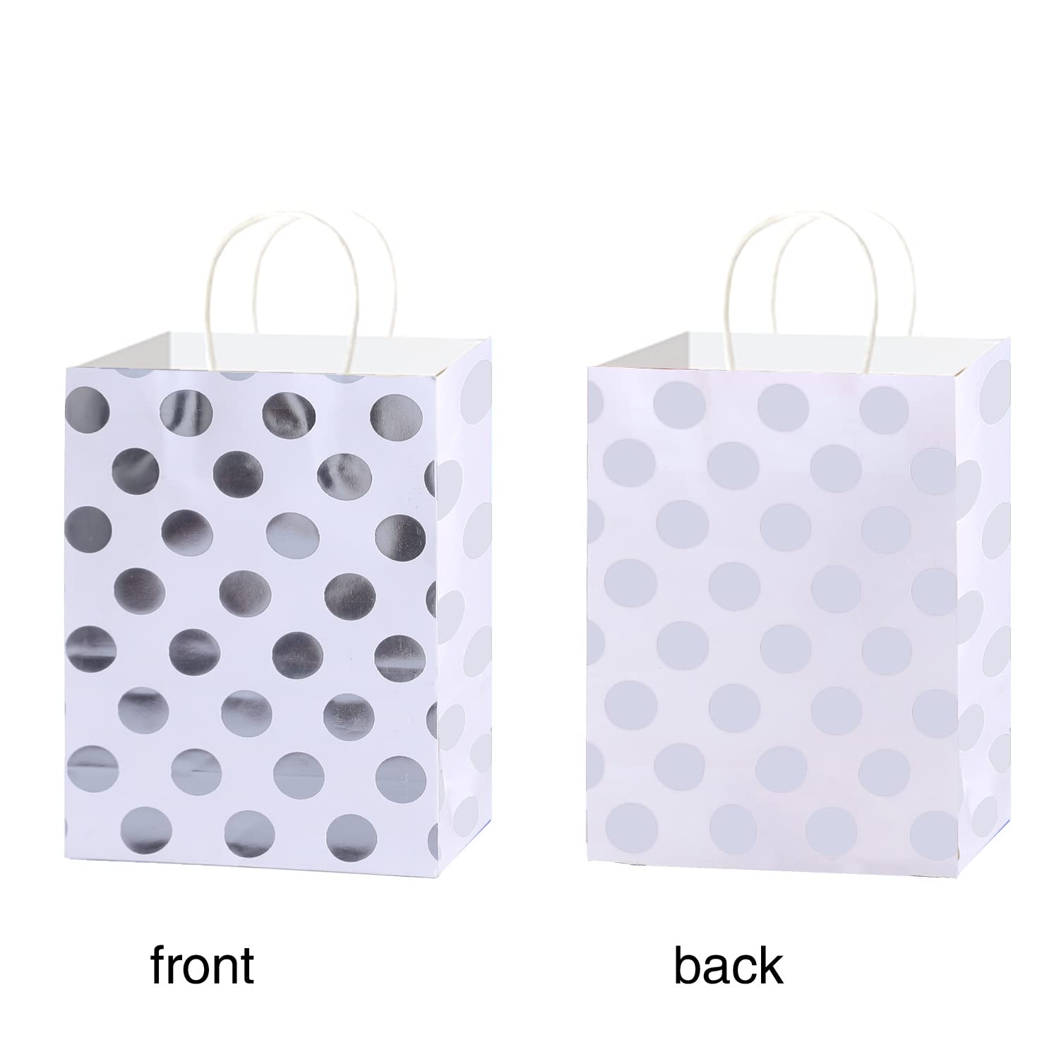 TIMBLESSING 24 pcs silver gold foil polka dots ,Bulk Kraft Party Gift Bags, 24 grey Sheets of Wrapping Paper, Small Size Gift Bag, (8.6x3.2x5.9 Inch)