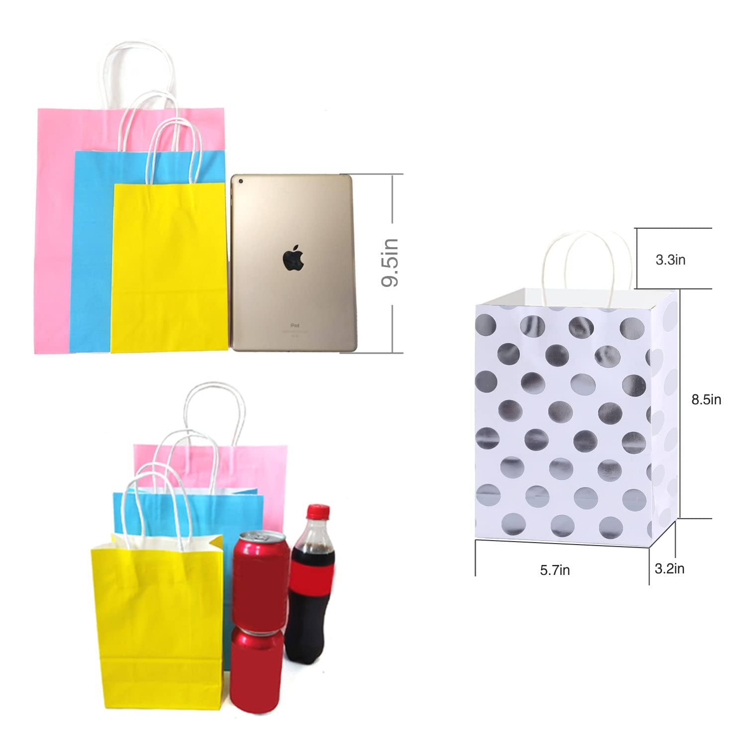TIMBLESSING 24 pcs silver gold foil polka dots ,Bulk Kraft Party Gift Bags, 24 grey Sheets of Wrapping Paper, Small Size Gift Bag, (8.6x3.2x5.9 Inch)