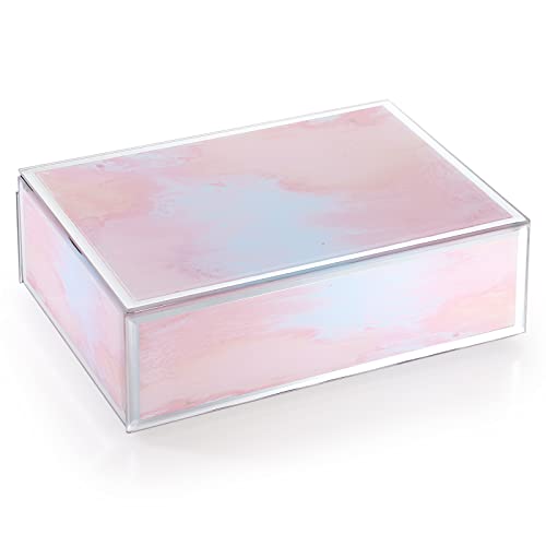 Hipiwe Pink Glass Jewelry Box Large Trinket Storage Box Treasure Box Decorative Jewelry Box Keepsake Box Jewelry Organizer for Women Girls
