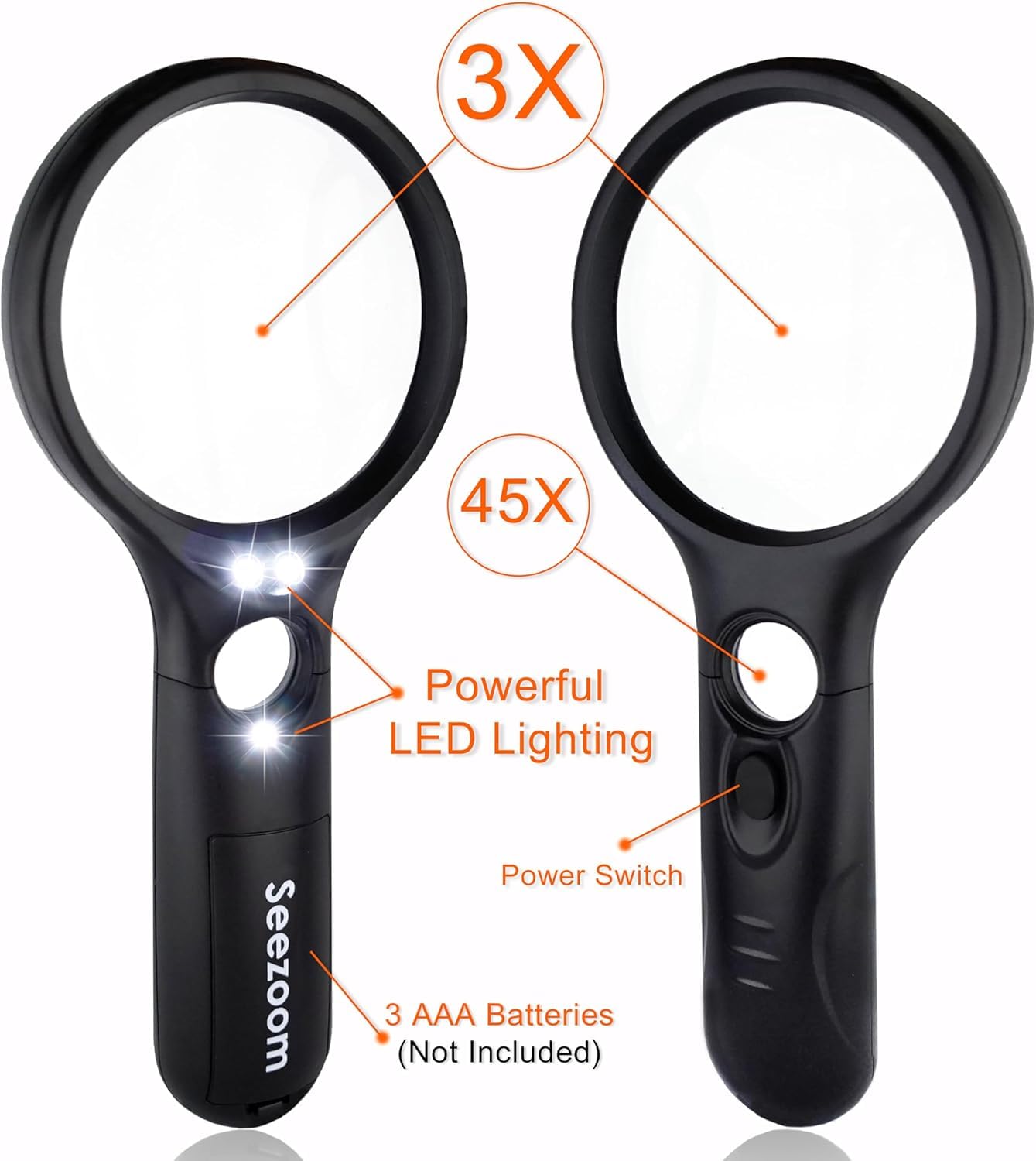 SeeZoom Lighted Magnifying Glass 3X 45x Magnifier Lens - Handheld Magnifying Glass with Light for Reading Small Prints, map, Coins and Jewelry - LED Magnifying Glass