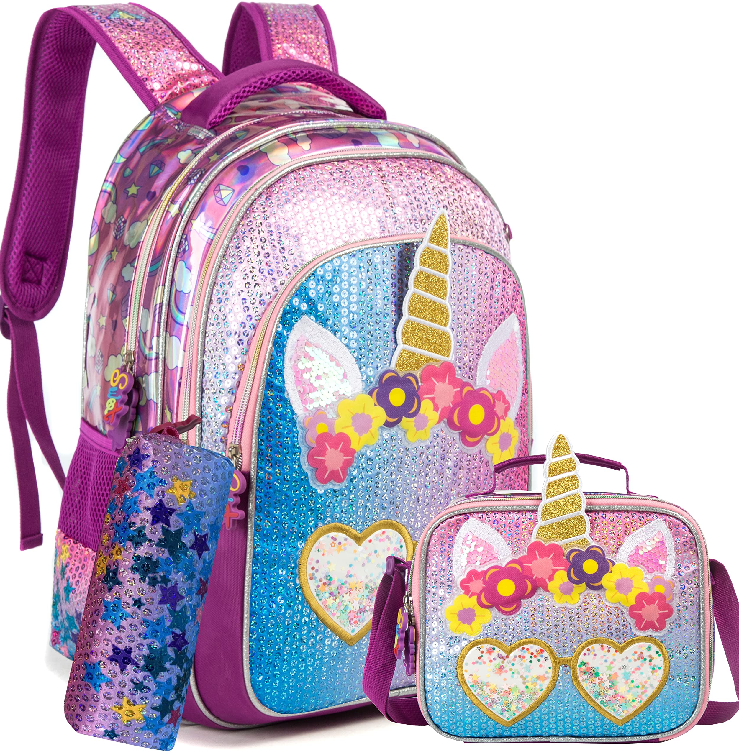 Unicorn Backpack for Girls 16" Backpacks for Girls for School Sequin Backpack with Lunch Box for Elementary Girls Students