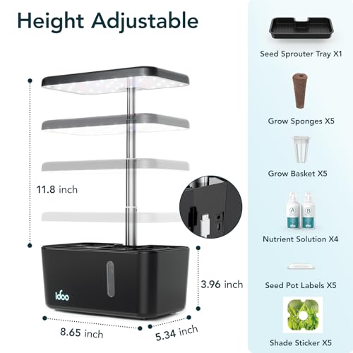 iDOO Hydroponics Growing System, 5-Pod Mini Indoor Herb Garden with Sprouter Tray, Sprouts Growing Kit for Cat Grass, LED Grow Light, Auto-Timer, Pump, Plant Germination Kit, Hydrophonic Planter Gift