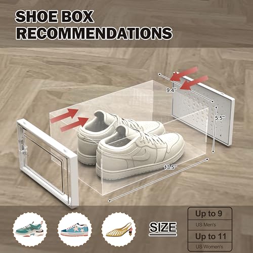 Hrrsaki Large 12 Pack Shoe Storage Organizer Boxes, Shoe Boxes Clear Plastic Stackable, Shoe Organizer for Closet, Plastic Shoe Boxes with Lids, Shoe Containers for Entryway, Bedroom, White
