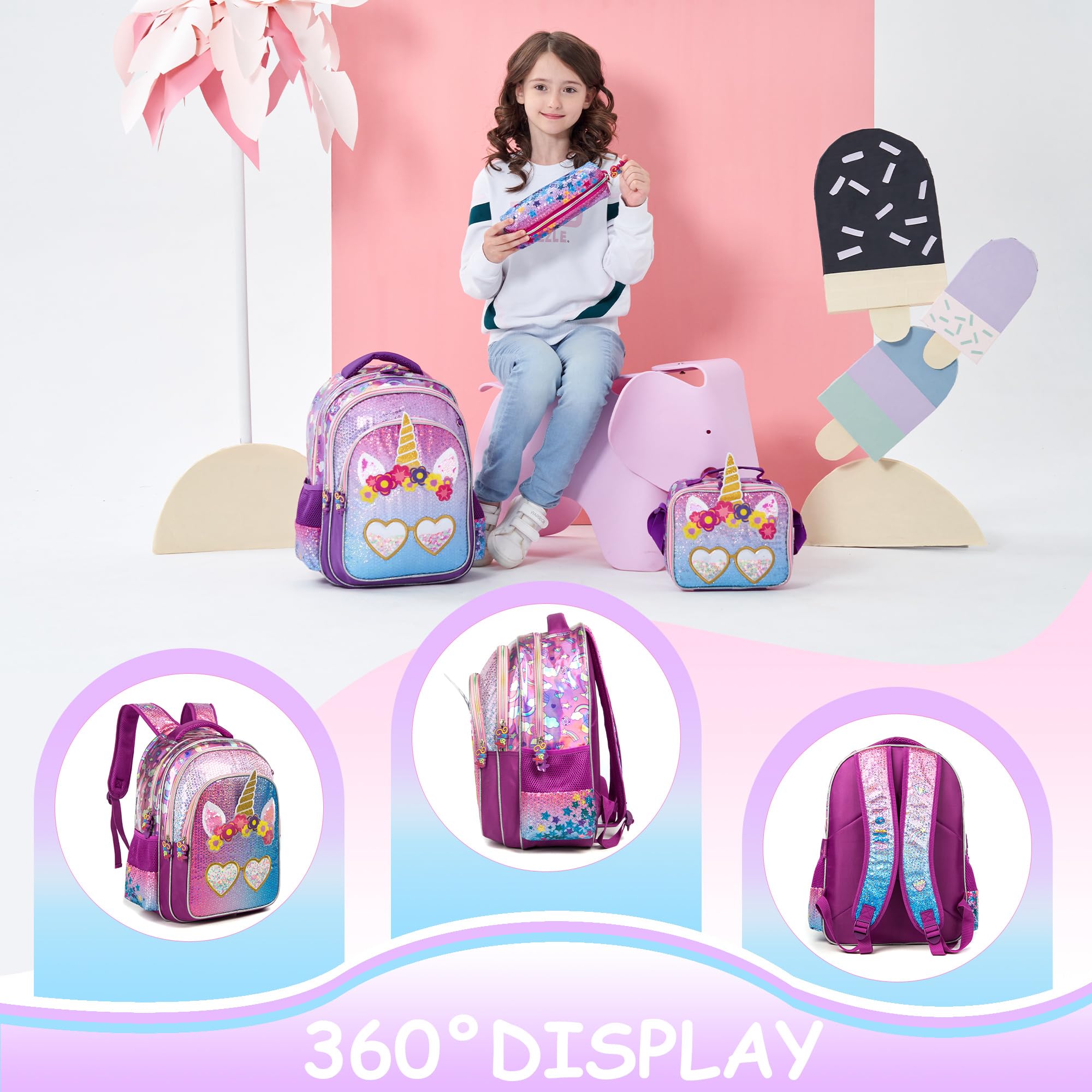 Unicorn Backpack for Girls 16" Backpacks for Girls for School Sequin Backpack with Lunch Box for Elementary Girls Students