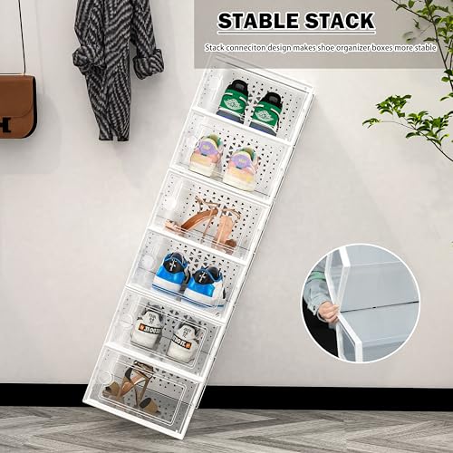Hrrsaki Large 12 Pack Shoe Storage Organizer Boxes, Shoe Boxes Clear Plastic Stackable, Shoe Organizer for Closet, Plastic Shoe Boxes with Lids, Shoe Containers for Entryway, Bedroom, White