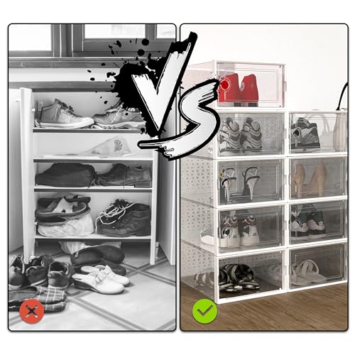 Hrrsaki Large 12 Pack Shoe Storage Organizer Boxes, Shoe Boxes Clear Plastic Stackable, Shoe Organizer for Closet, Plastic Shoe Boxes with Lids, Shoe Containers for Entryway, Bedroom, White