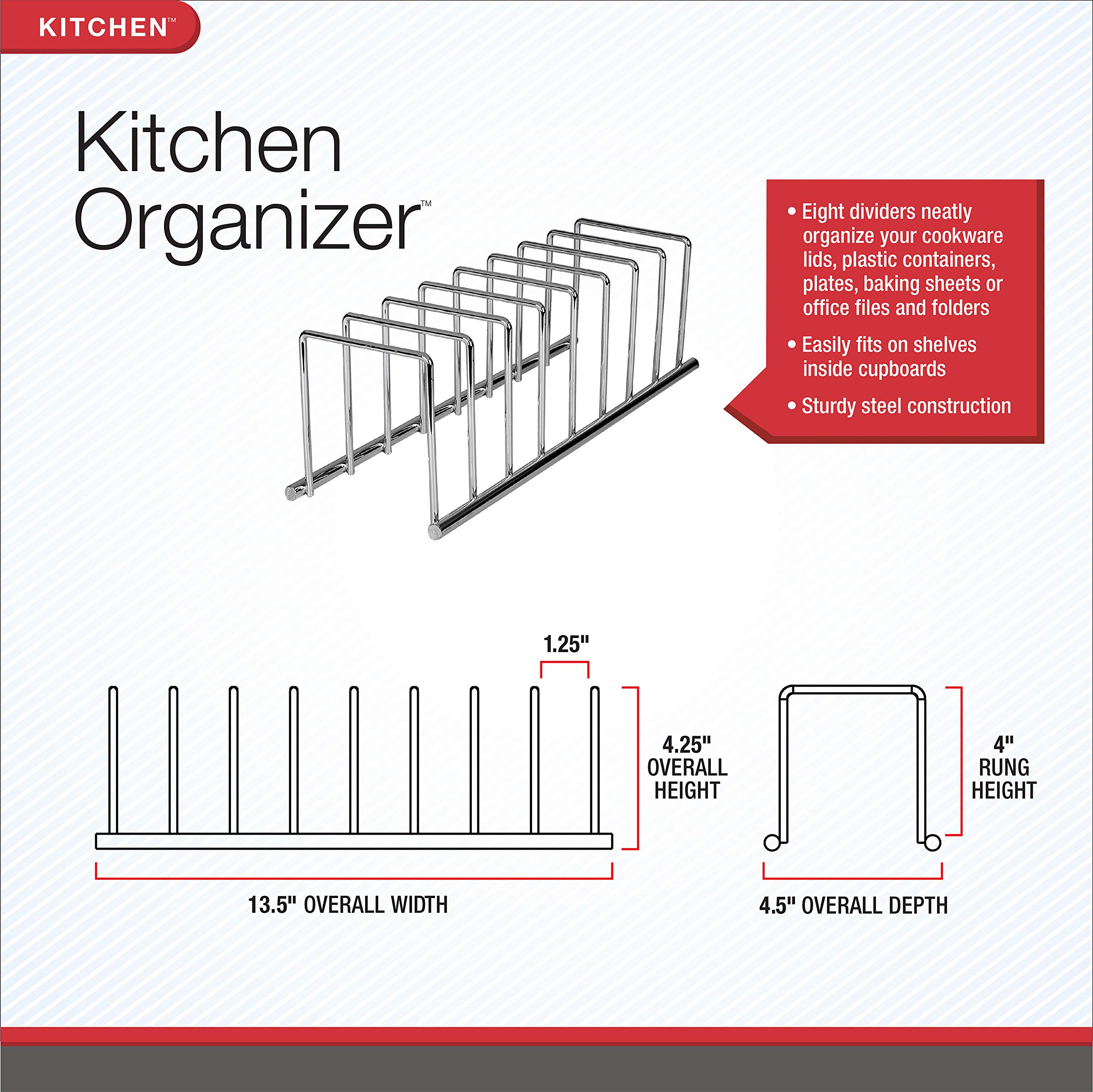 Spectrum Diversified Euro Kitchen Lid Organizer for Plates, Cutting Boards, Bakeware, Cooling Racks, Pots & Pans, Serving Trays, and Reusable Containers, Gold