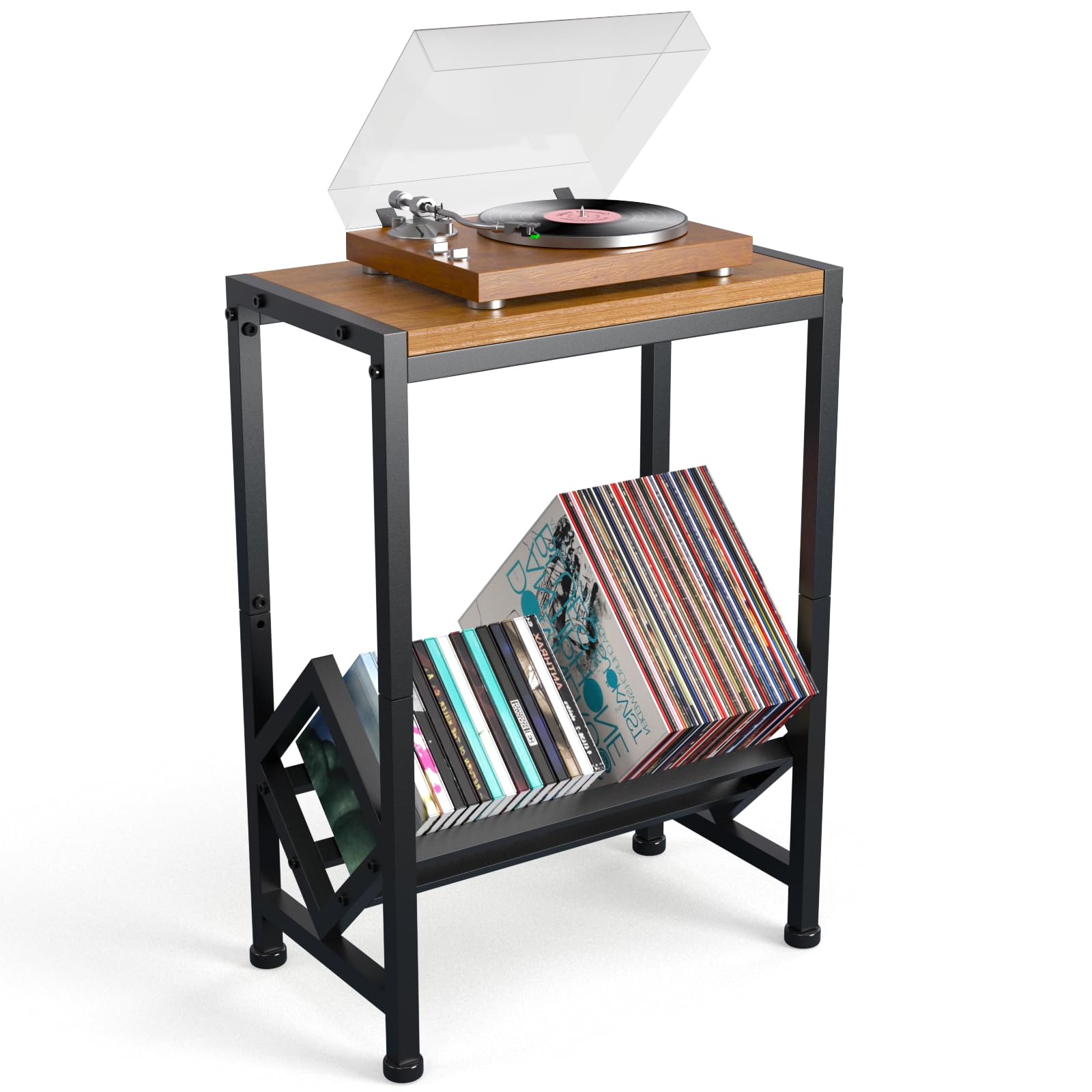 Tzechkii Vinyl Record Storage Rack, Record Player Stand Black Metal, Curved Baffle Protection Record Holder - Storage Up to 55 LP, Organize Albums/Books/Magazines/Files (Record Player Stand)