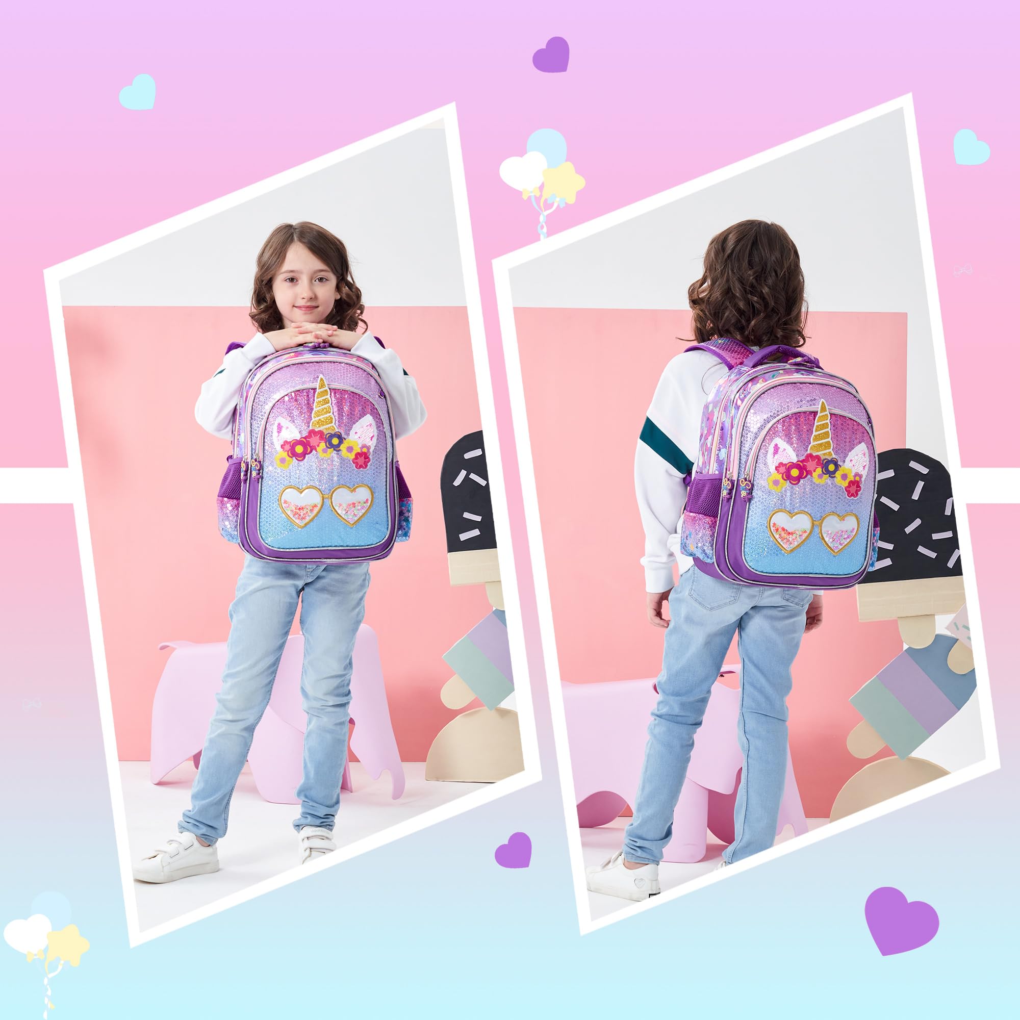 Unicorn Backpack for Girls 16" Backpacks for Girls for School Sequin Backpack with Lunch Box for Elementary Girls Students